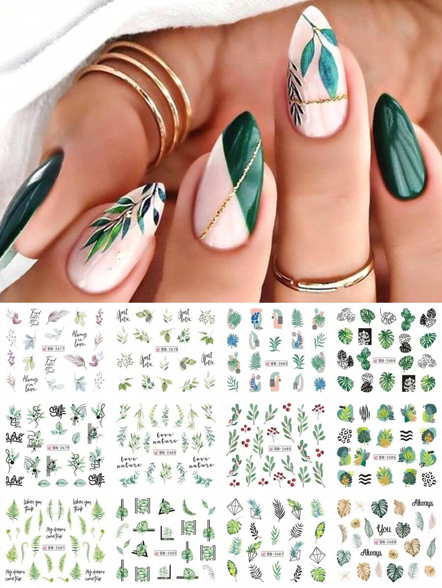 12 Design/Sheet Green Leaves Nail Art Stickers Water Transfer Sliders ...