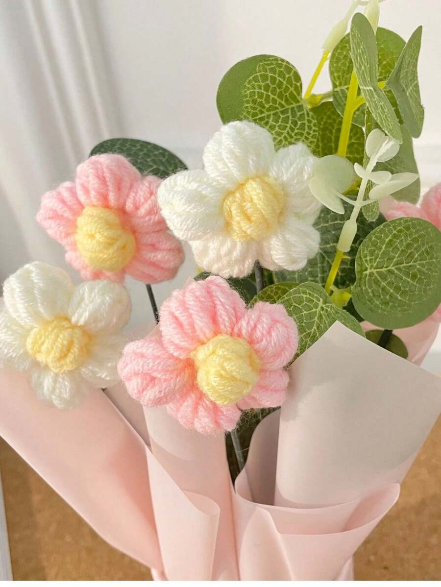 1set Handmade Knitted Crochet Flower Bouquet With 5 Yarns, Home Decor ...