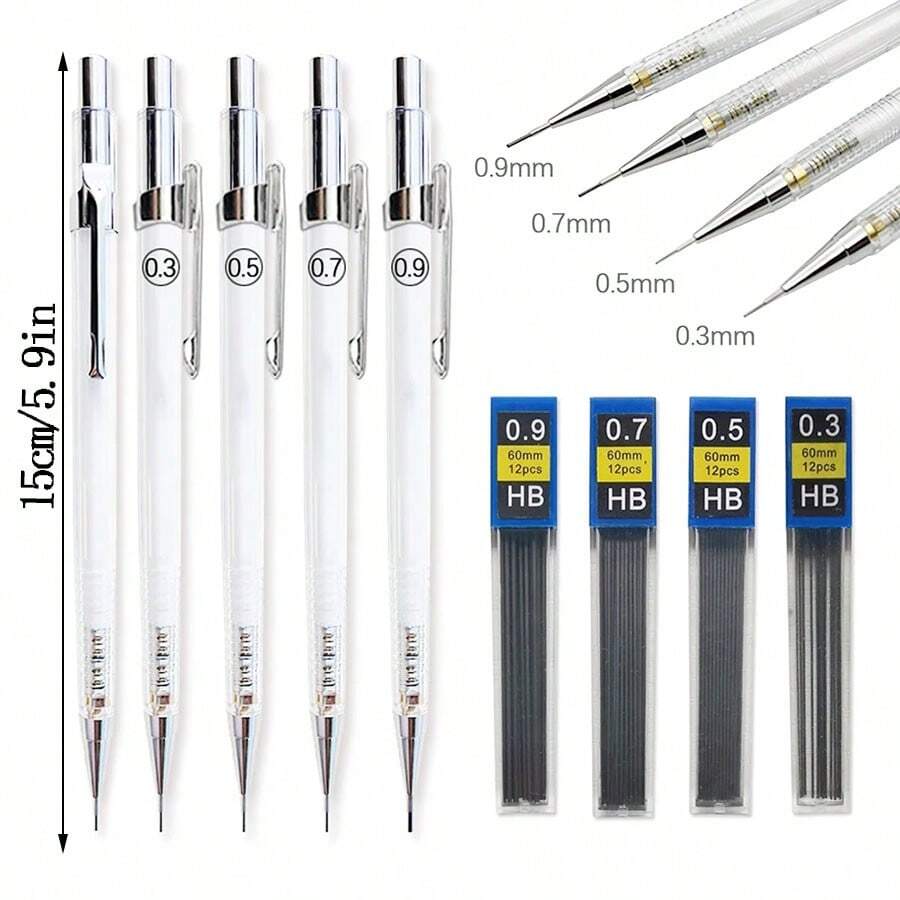 9 stks/set transparant mechanisch potlood 0,3, 0,5, 0,7, 0,9 mm met loodvullingen set voor ...