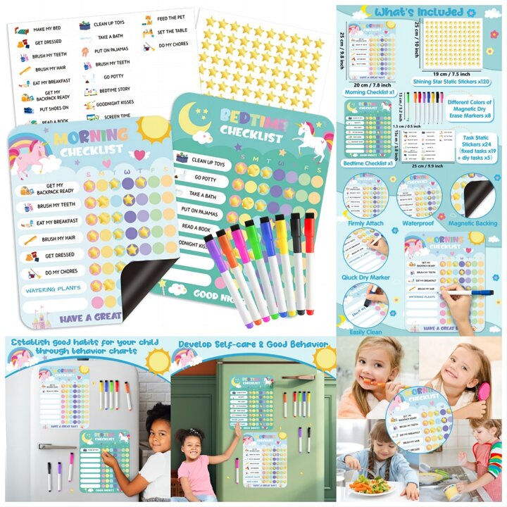 Morning Bedtime Routine Chart Sticker Poster For Toddler Kids Magnetic ...