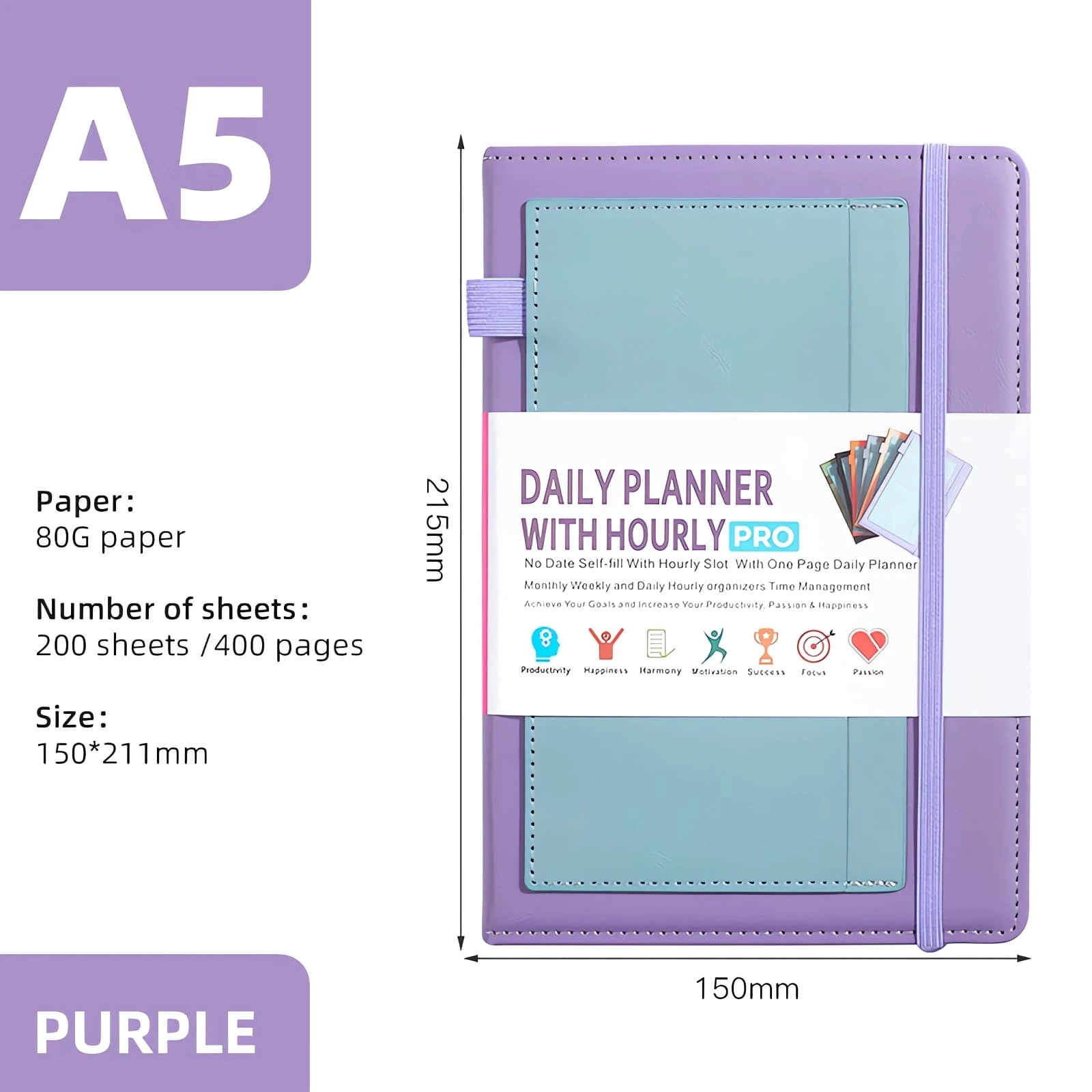 Planner Notebook, Undated Daily Page, With Strap & 8 Planning Stickers ...