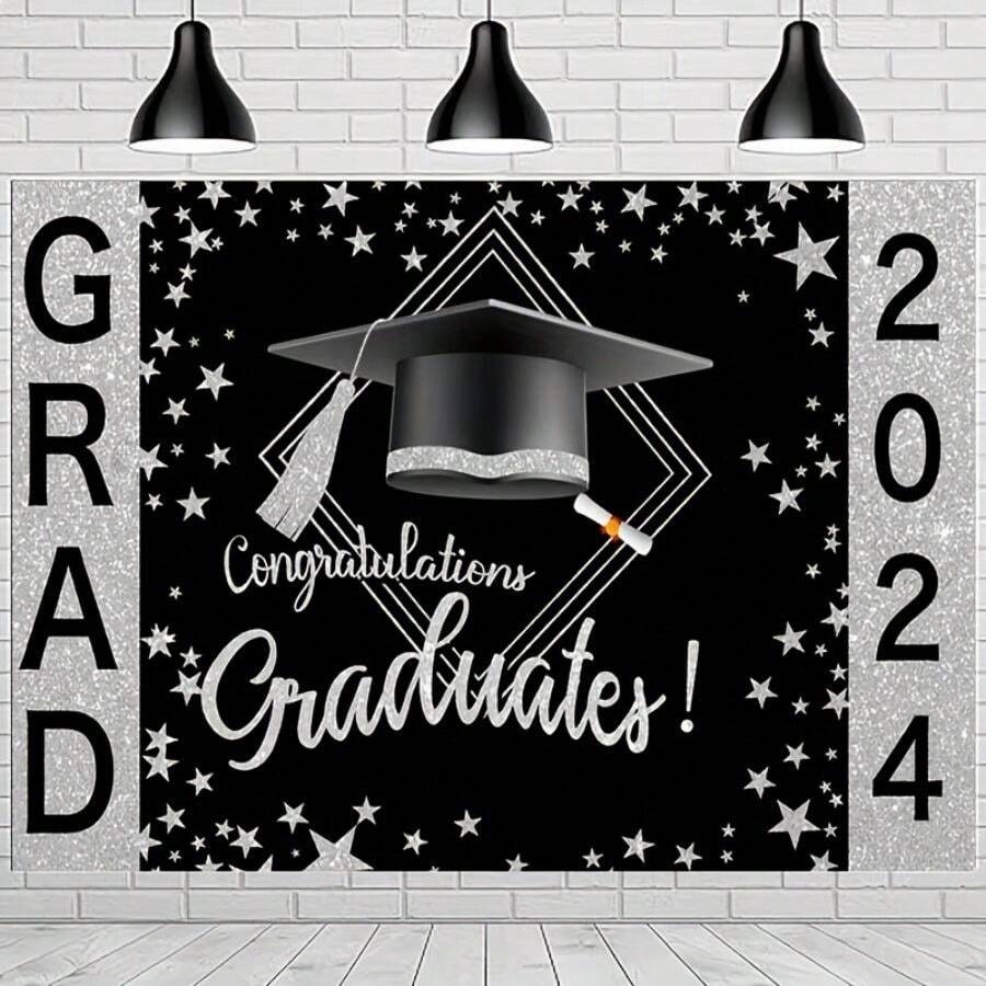 1pc 180*110cm Graduation Season 2024 Graduation Background Silver And ...