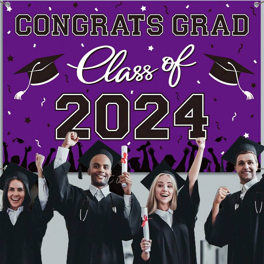 2024 Graduation Themed Backdrop With 1pc Congrats Grad Banner, Perfect ...