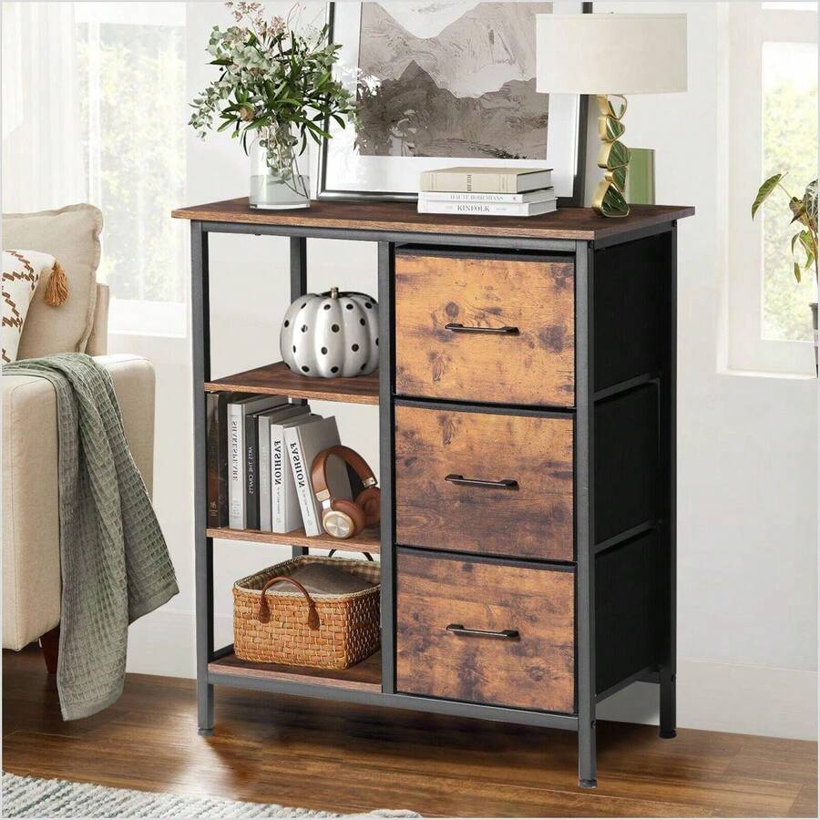 Rustic Brown Dresser With Shelves And 3 Fabric Drawers For Living Room ...