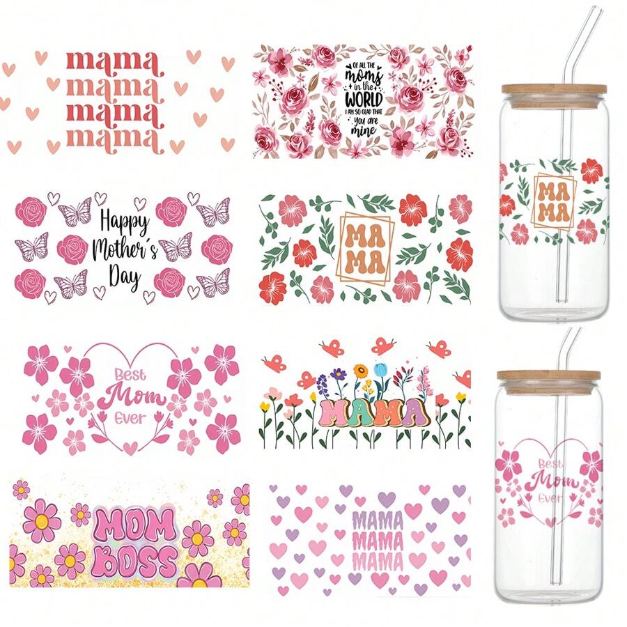 8 Sheets Mom UV DTF Transfer Cup Wraps For Glass Mother's Day UV DTF ...