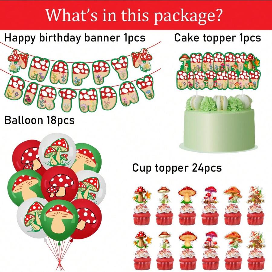 44pcs Cute Mushroom Birthday Party Decoration, Mushroom Banner ,Balloon ...