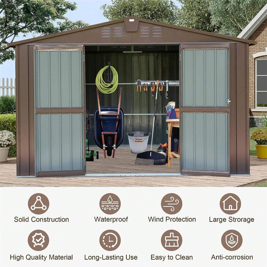 10'x8' Metal Garden Shed With Sloping Roof, 32 Air Vents, Push-Pull ...