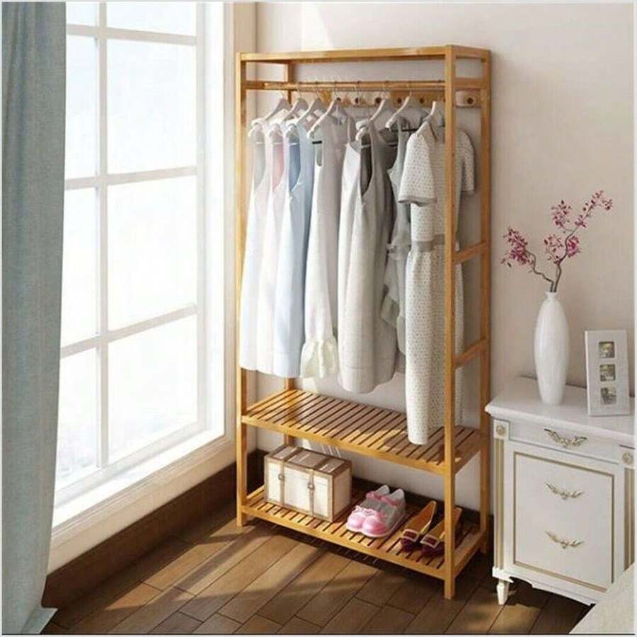 3 Tier Clothes Rack Heavy Duty Wood GarmENTt Shelves Rolling Wheels ...