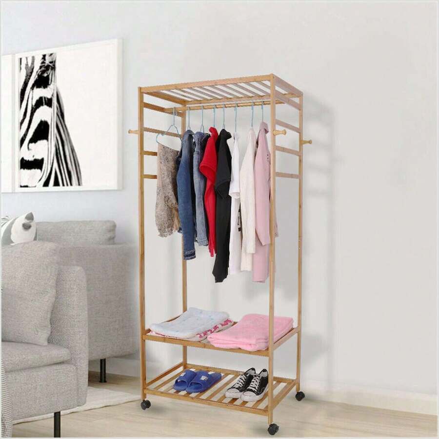 3 Tier Clothes Rack Heavy Duty Wood GarmENTt Shelves Rolling Wheels ...