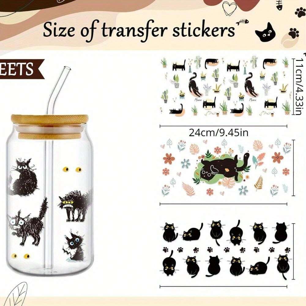 8pcs/Set UV DTF Cup Wraps For 16 Oz - 8 Sheets Black Cat Waterproof UV ...