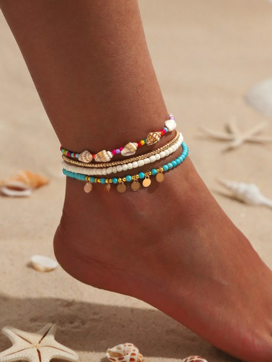 1set Bohemian Style Simple And Fashionable Beach Anklets For Women With ...