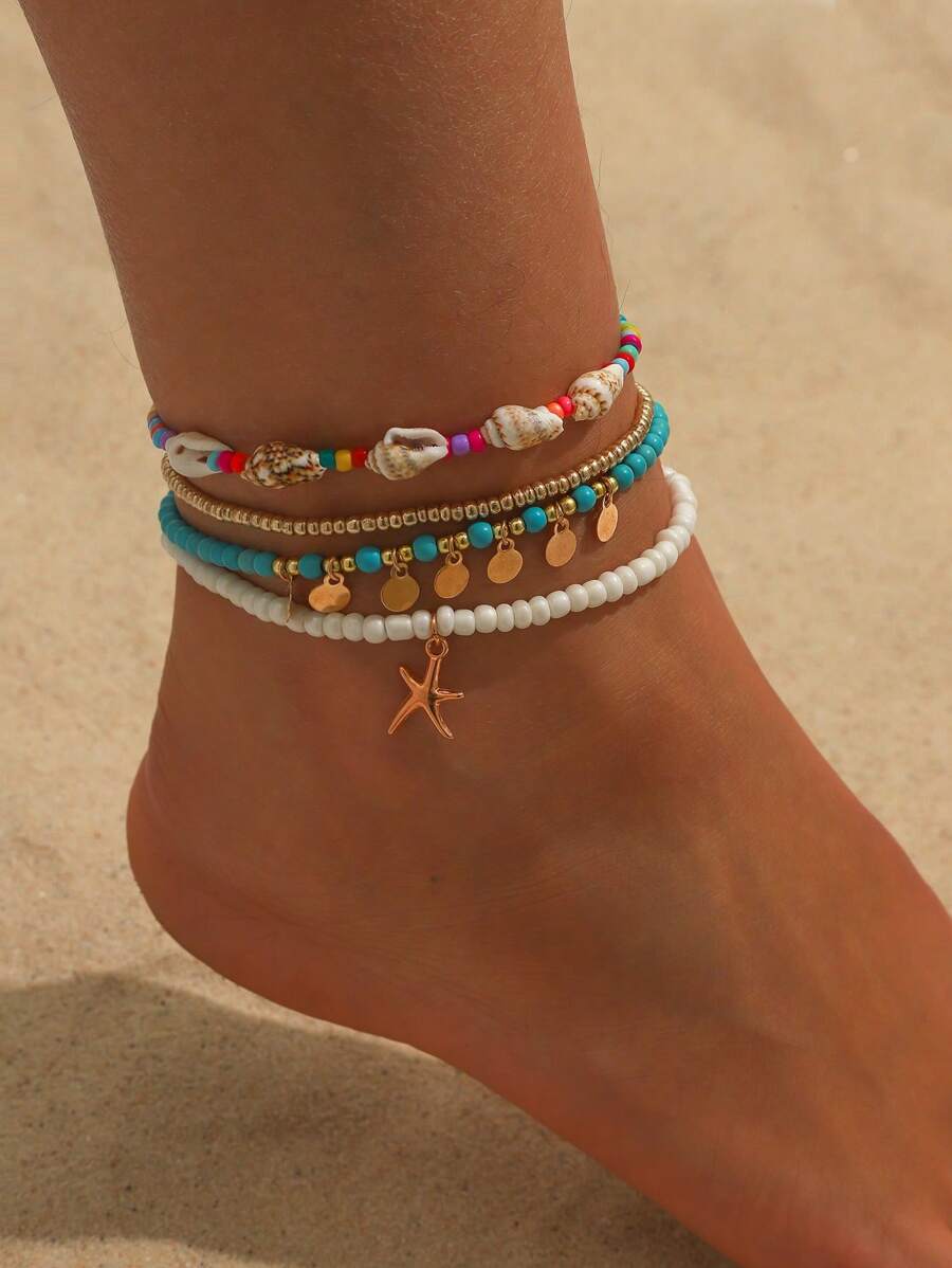 1set Bohemian Style Simple And Fashionable Beach Anklets For Women With ...