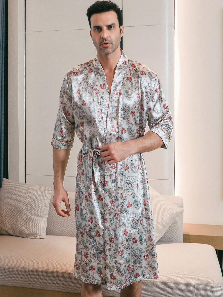 Men's Satin Nightgown With Five Quarter Sleeves And Floral Print Silk ...