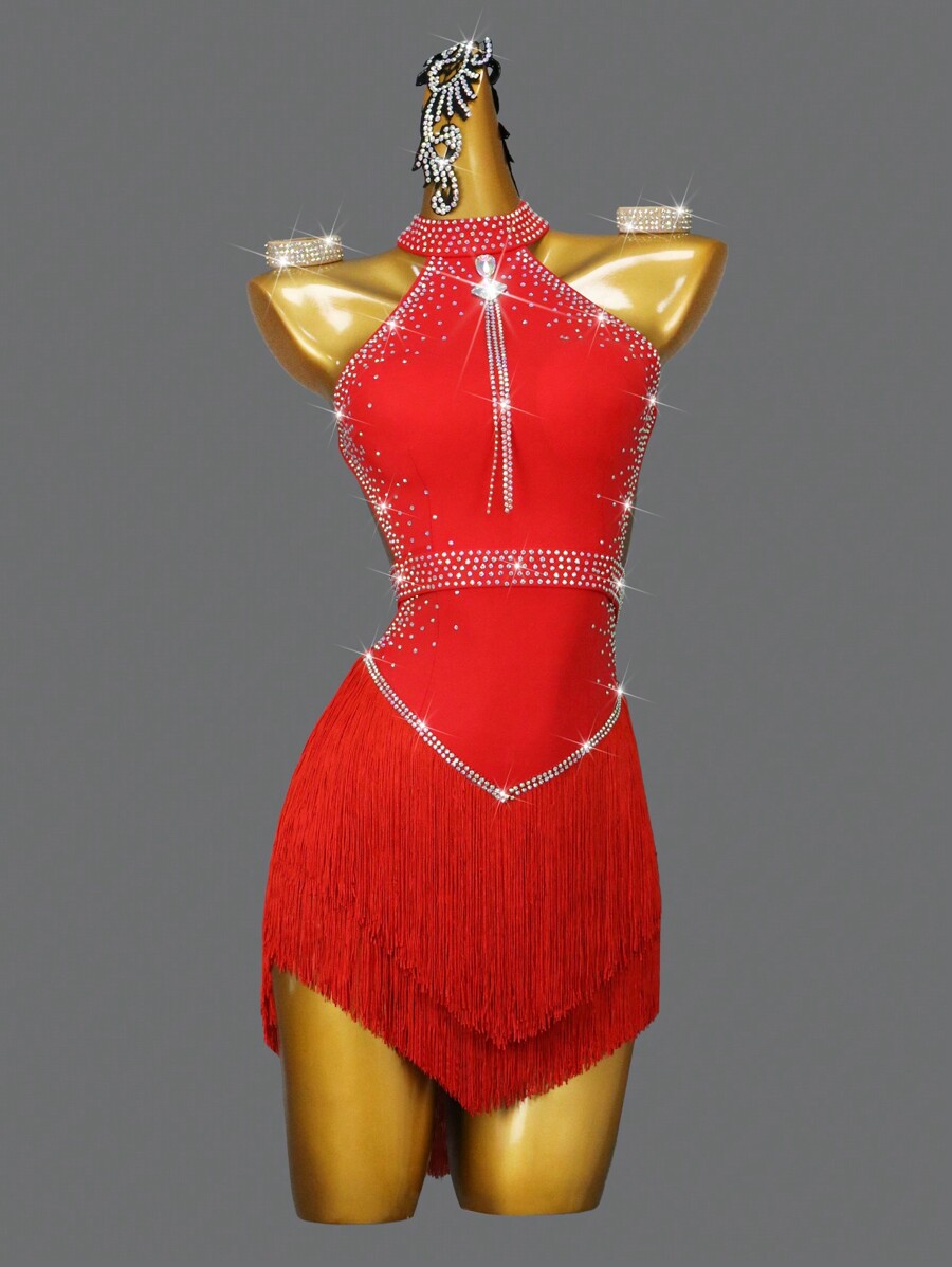 Abc Dancing Robe De Danse Latine Rouge Avec Franges Pour Femme Costume