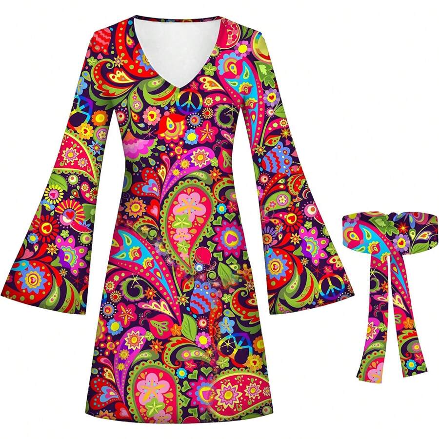 2-Piece Women's Hippie Costume 70s Vintage Dress With Lead Band Costume ...