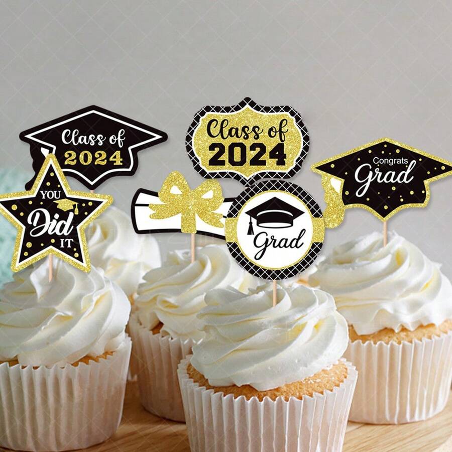 6 Pcs Class Of 2024 Cake Topper Grade Doctoral Cap Black Gold Paper ...