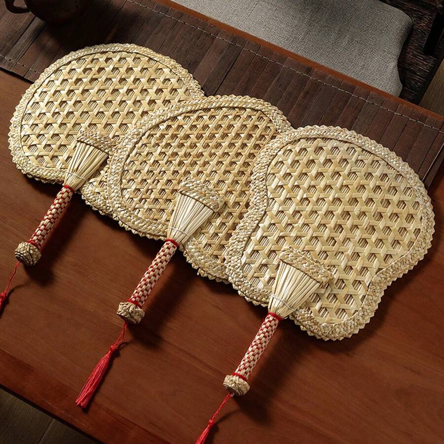 1pc Handmade Woven Large Palm Leaf Fan, Vintage Handheld Wheat Straw ...