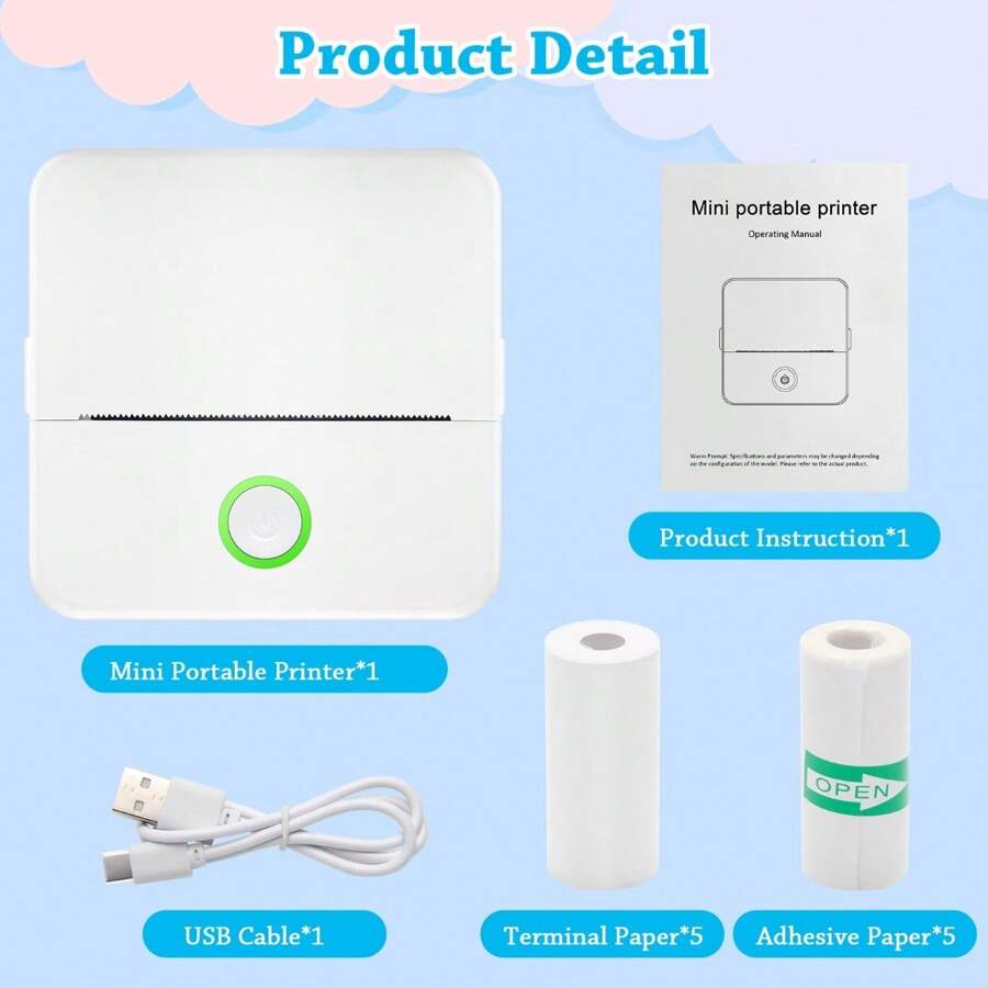 Portable Mini Thermal Printer With 10Rolls Paper Wirelessly BT 203dpi ...