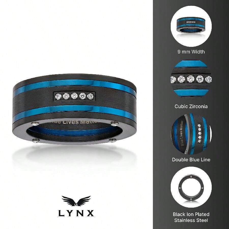 Lynx Men's Thin Blue Line Double Stripe Blue Ion Plated Ring With Cubic ...
