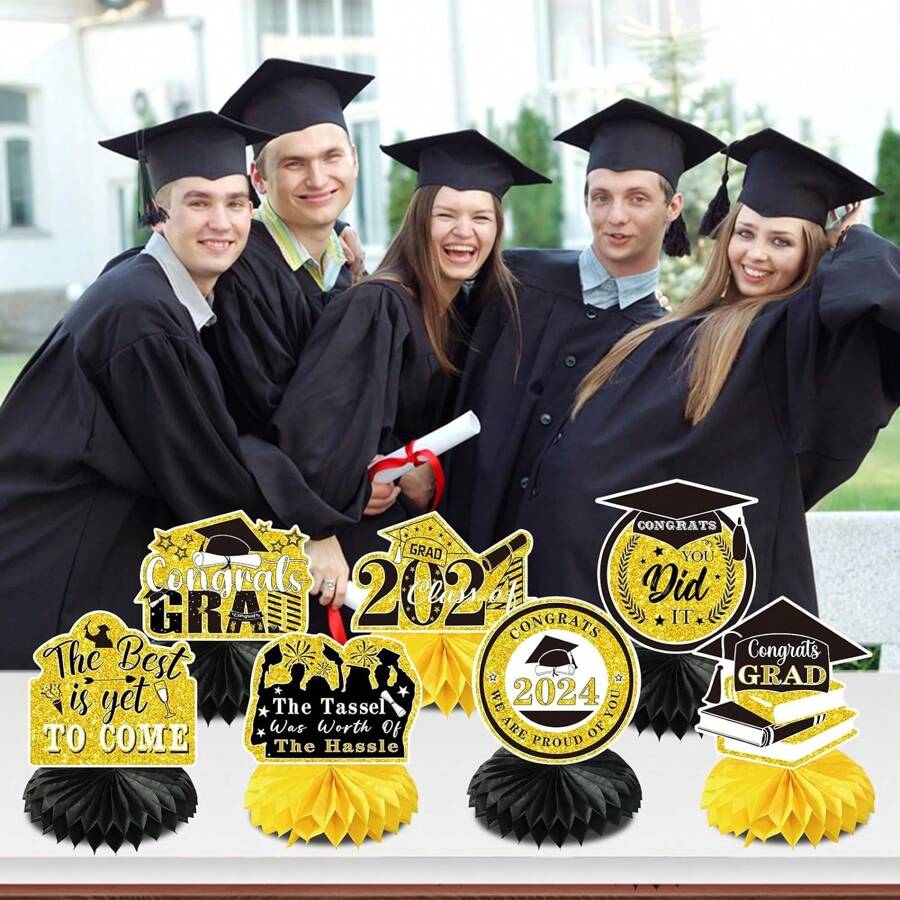 Graduation Party Decorations 2024-9PCS Gold Graduation Decorations ...