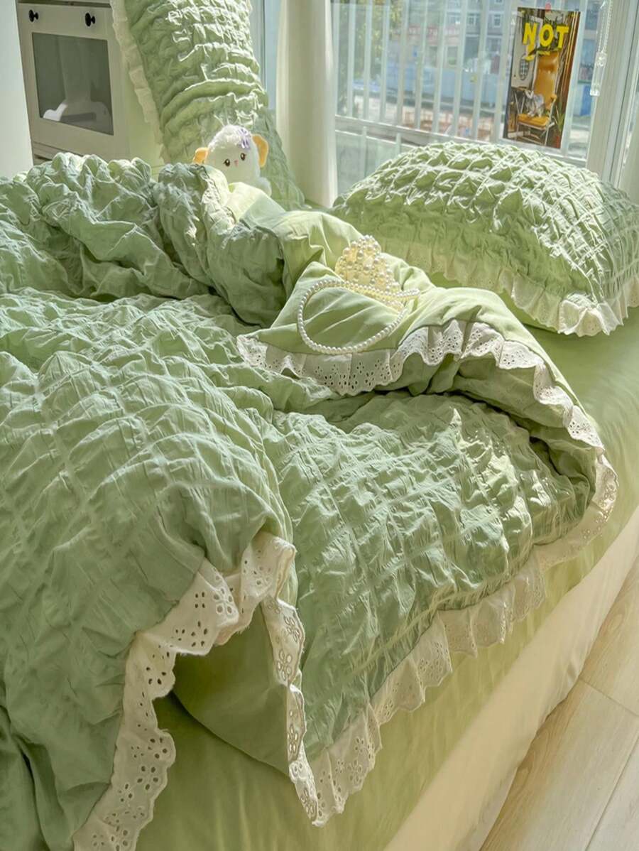 Cream Princess Style Fresh Puff Bedding Set With Bubble Gauze Fabric ...