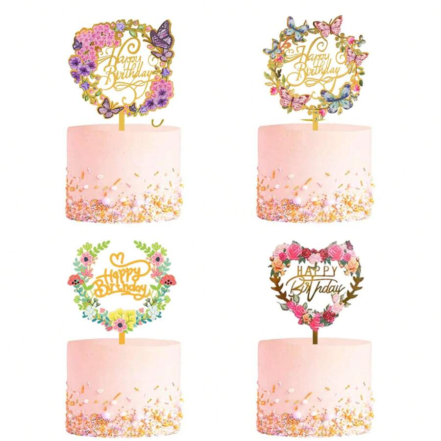 Happy Birthday Cake Toppers Gold Flower Acrylic Cake Toppers Acrylic ...