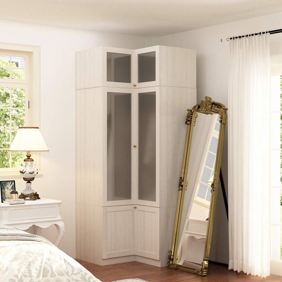 L-Shape Armoire Wardrobe Closet With Frosted Glass Doors, Hanging Bar ...