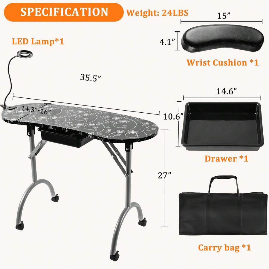 Portable & Foldable Manicure Table Nail Desk On Wheels With Drawer ...