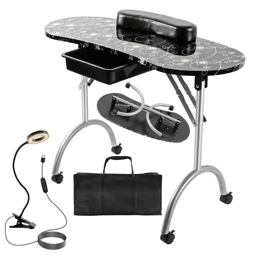 Portable & Foldable Manicure Table Nail Desk On Wheels With Drawer ...