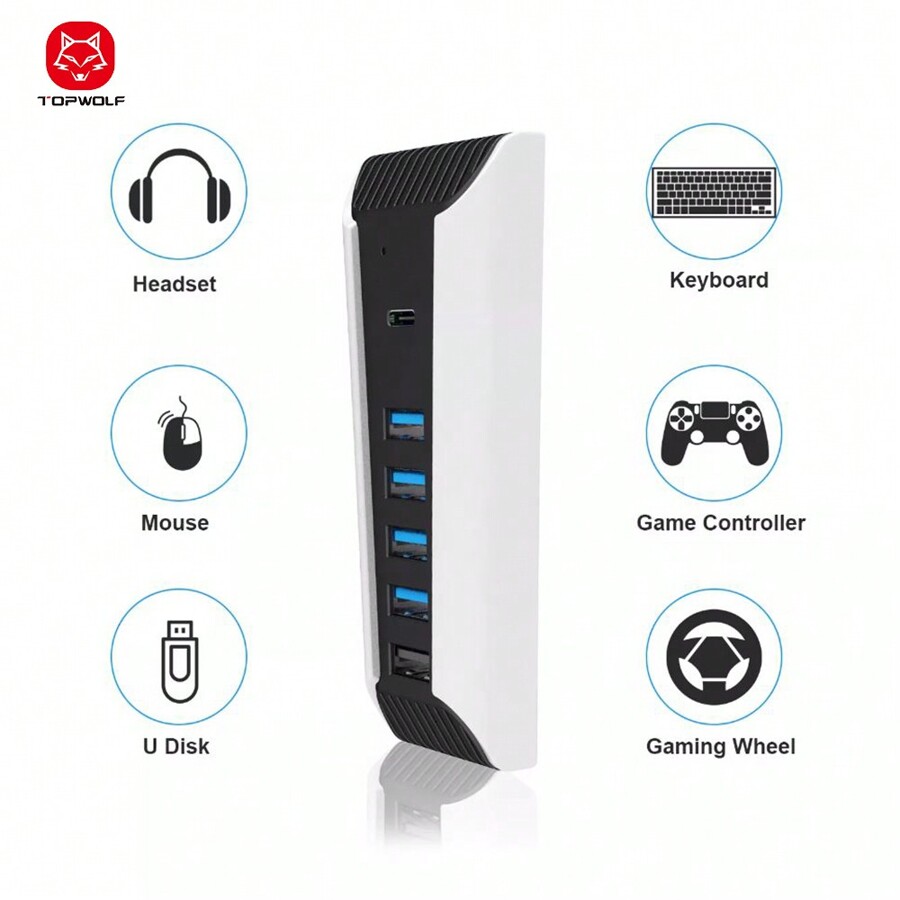TOPWOLF Hub USB 5 em 1 para Console PS 5 com 4 Portas de Transmissão de Dados USB, 1 Porta de ...