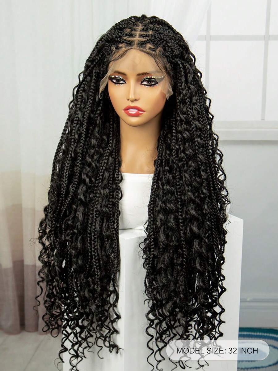 Double Lace Front Triangle Knotless Box Braided Wigs With Boho Curls ...