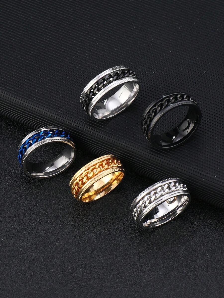 5 Stylish Stainless Steel Embossed Chain Ring Set For Men's Everyday ...