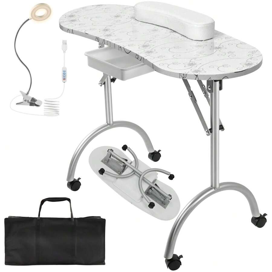 Portable & Foldable Manicure Table Nail Desk On Wheels With Drawer ...