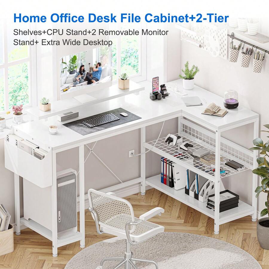 L Shaped Computer Desk With Power Outlets & LED Light, Reversible ...