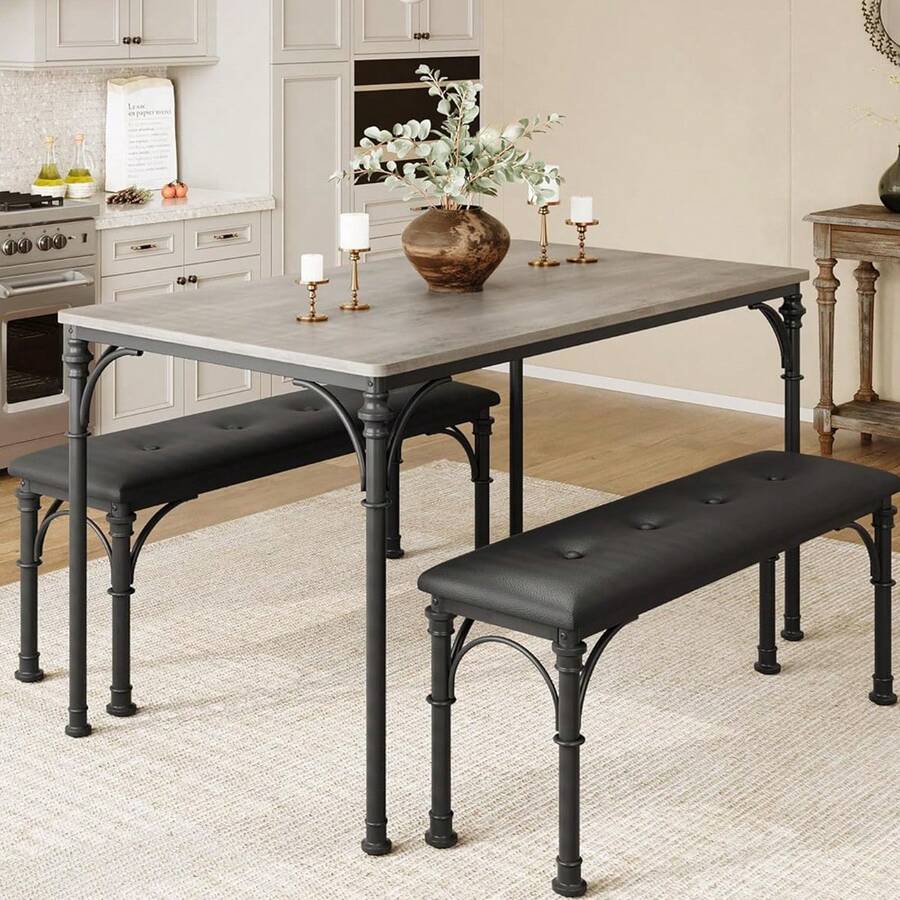 3-Piece Dining Table Set With Upholstered Bench For 4-6 | Roman Column ...