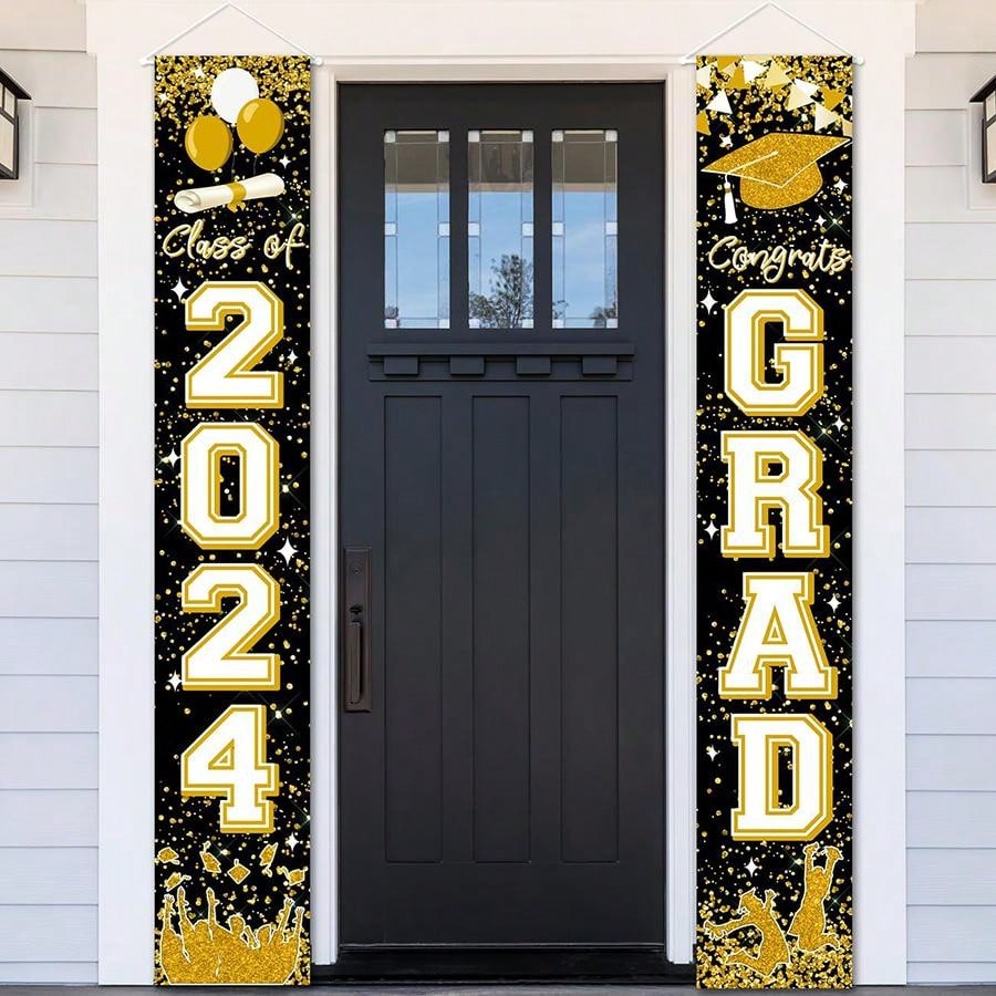 1Set Graduation Decorations 2024 GRAD Banner Black Porch Door Sign ...