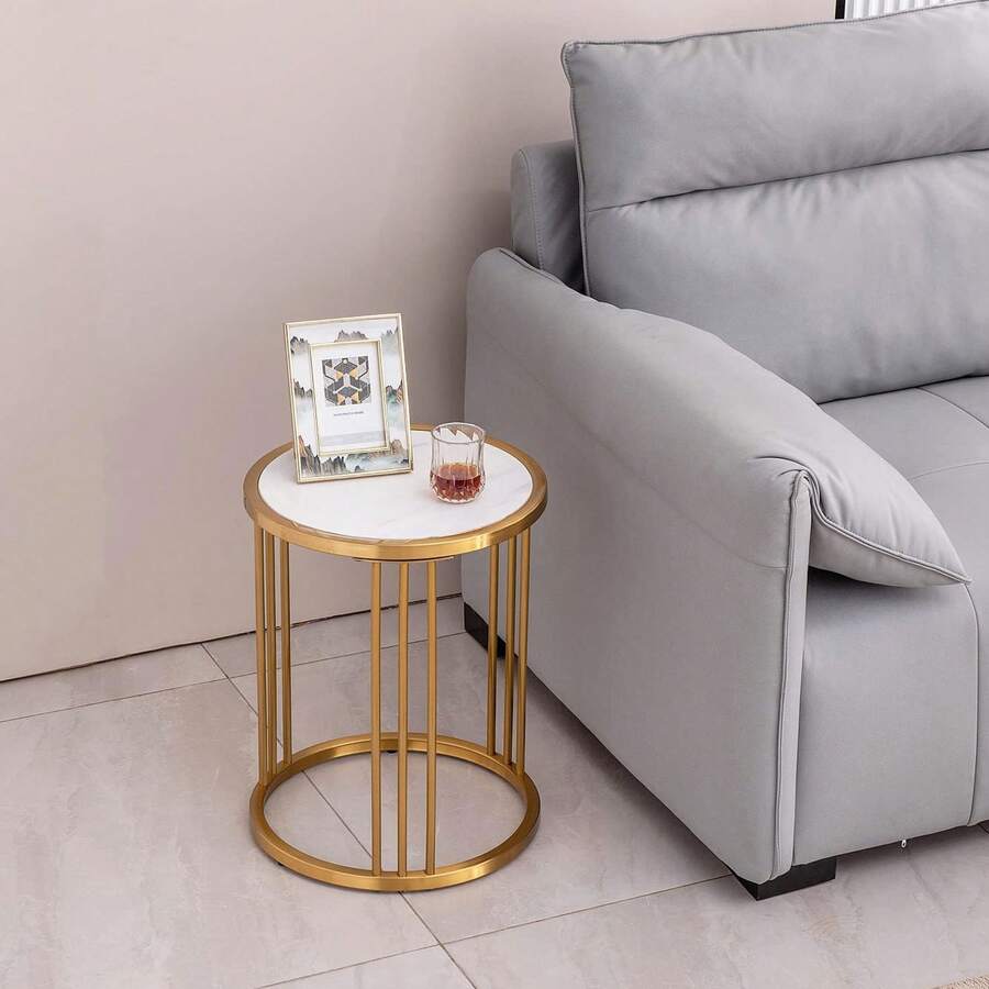 Slate Stone Side Table, Modern Round End Table With White Marble ...