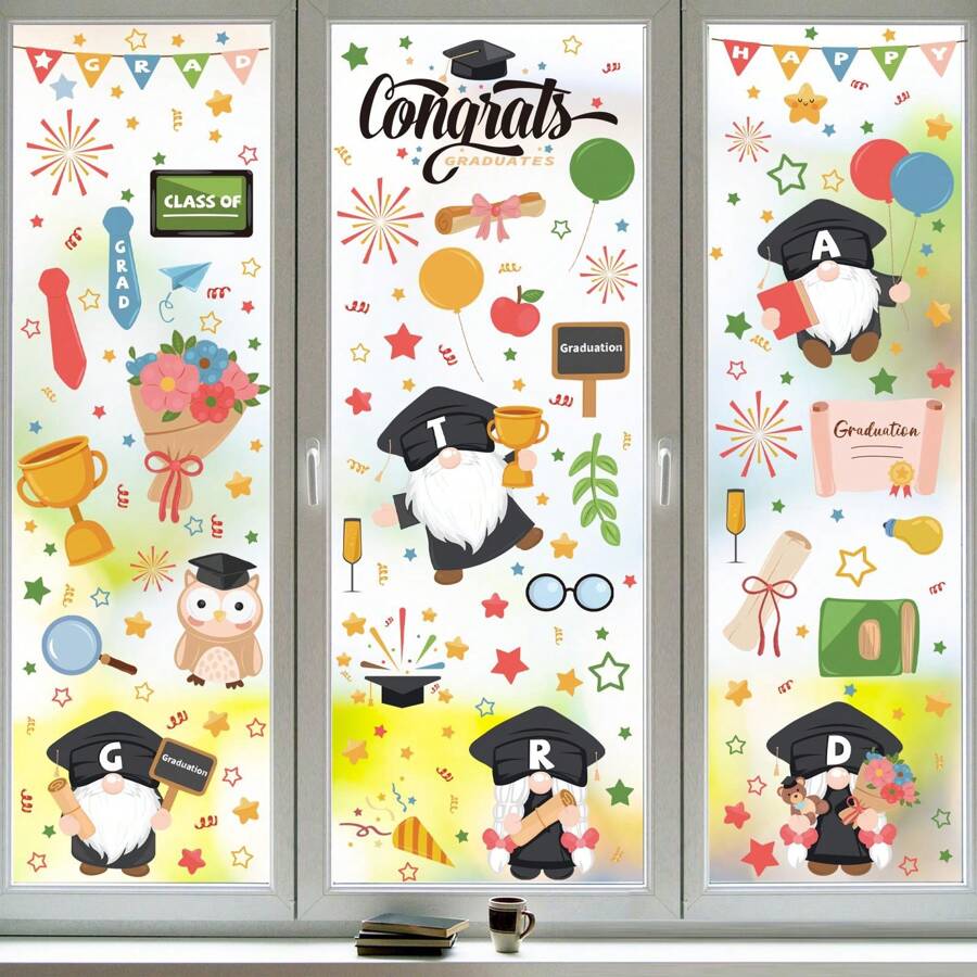9 Sheets Graduation Window Sticker Gnome Window Clings Removable ...