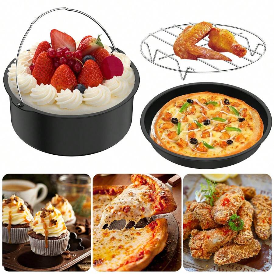 3Pcs Air Fryer Pizza Pan e Bolo Barril com Suporte de Vapor 7 polegadas ...
