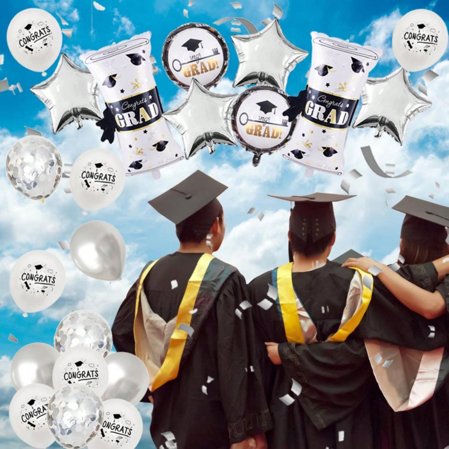 35pcs Graduation Party Aluminum Foil Balloon Set Silver Five-Pointed ...