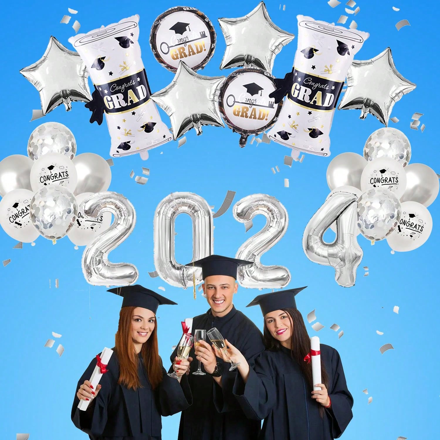 35pcs Graduation Party Aluminum Foil Balloon Set Silver Five-Pointed ...