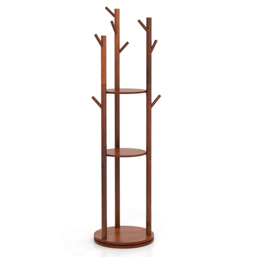 Freestanding Wooden Coat Tree 360° Rotary Coat Rack With 3 Display ...
