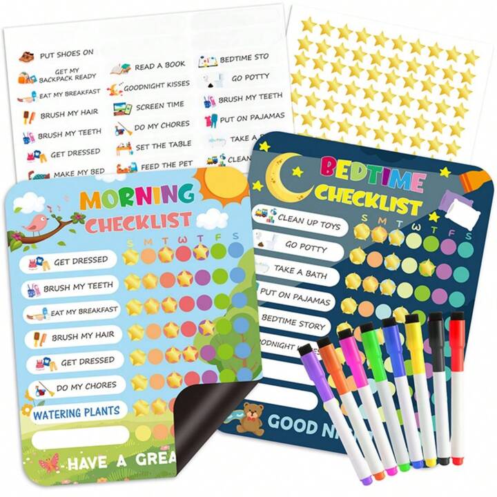 Morning Bedtime Routine Chart Sticker Poster For Toddler Kids Magnetic ...