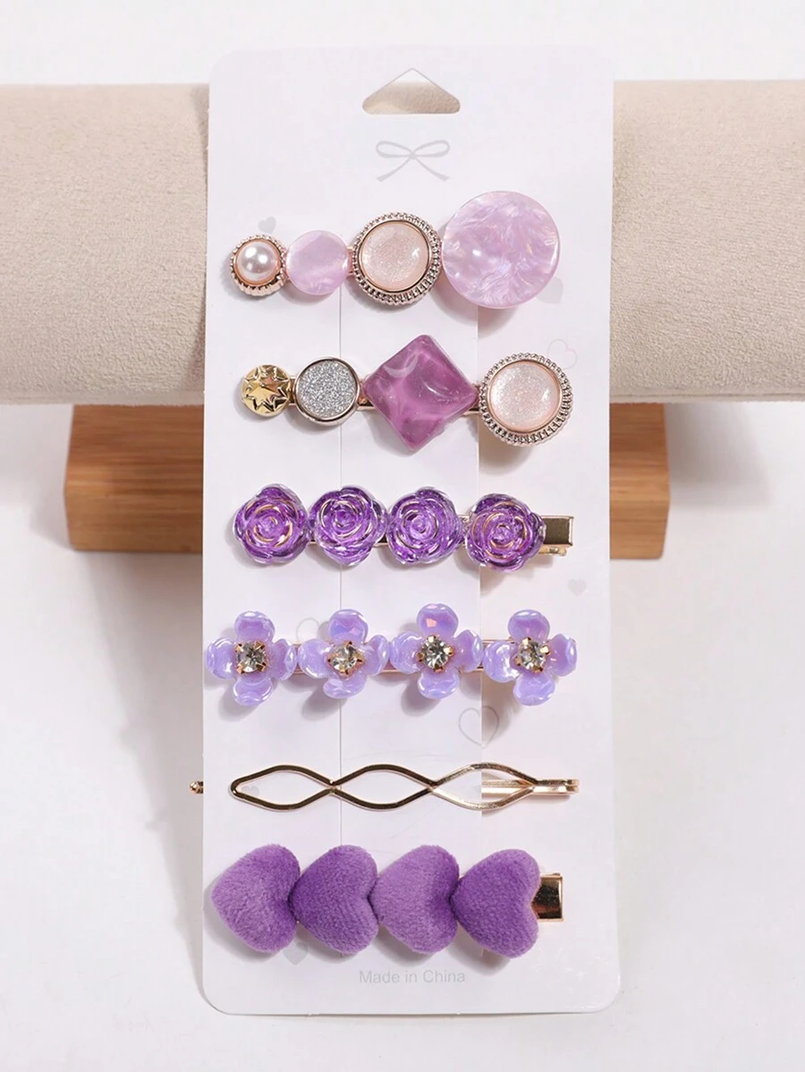 6pcs Faux Pearl Heart Motif Hair Clips With Rose Flower Decoration ...