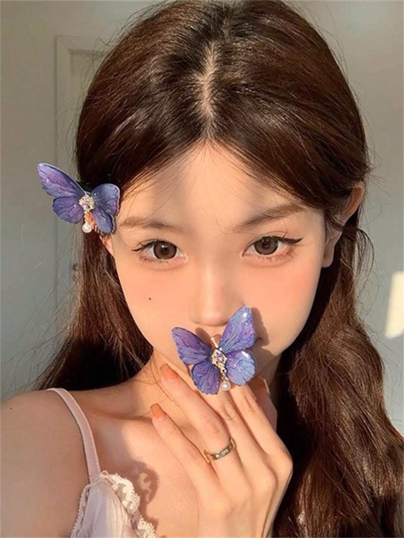 1/2pcs Sparkling Crystal & Faux Pearl Embellished Purple Butterfly Hair ...