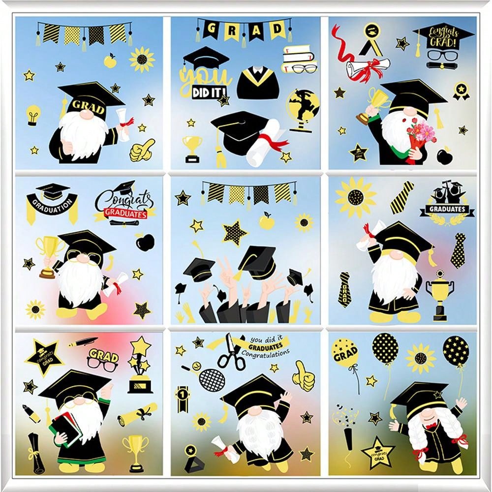 9 Sheets Graduation Window Sticker Gnome Window Clings Removable ...