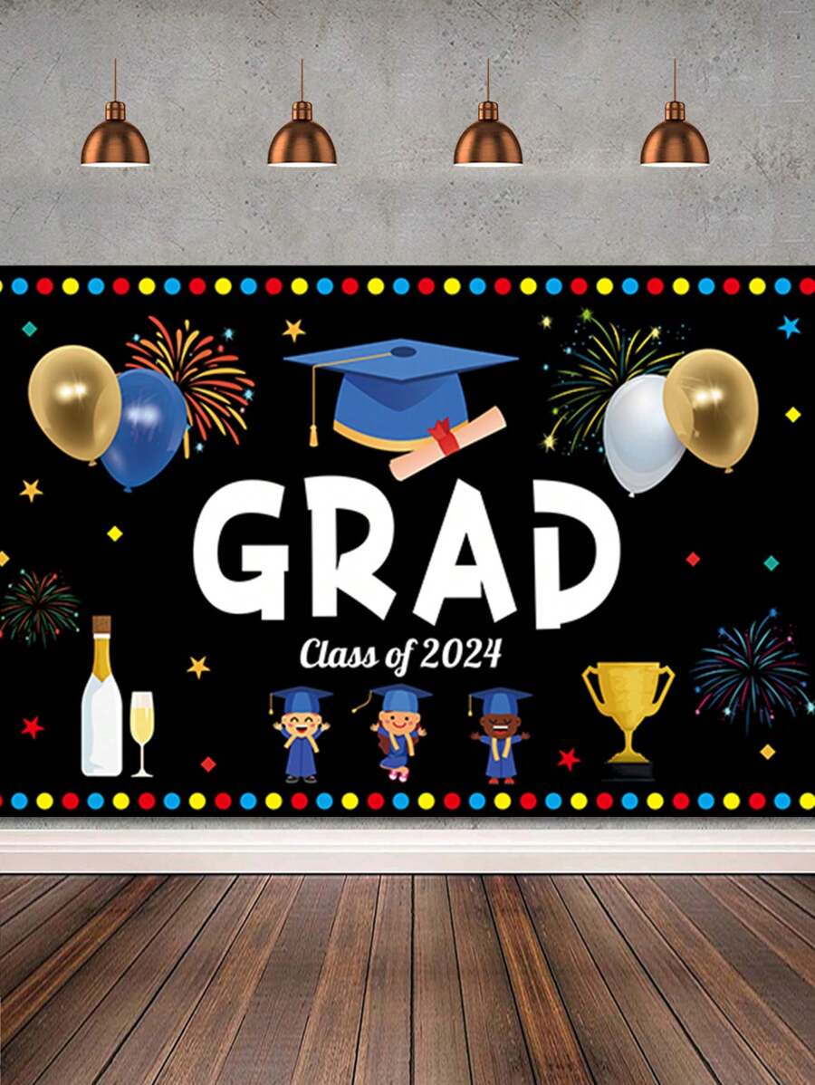 2024 Graduation Party Decoration Backdrop, Black And Gold Congrats Grad ...