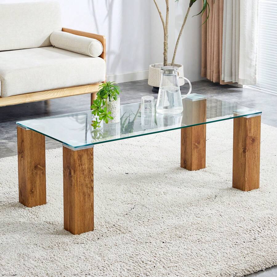 Glass Coffee Tables Modern Rectangular Tea Table With Wooden MDF Legs ...