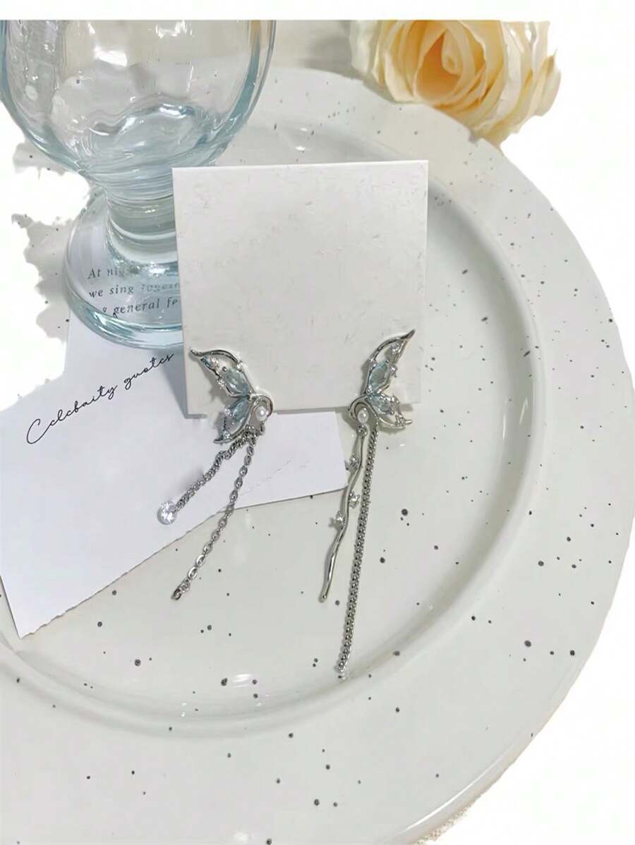 1pair Unique Blue Crystal & Asymmetrical Butterfly Earrings With Simple Chain And Cubic Zirconia ...