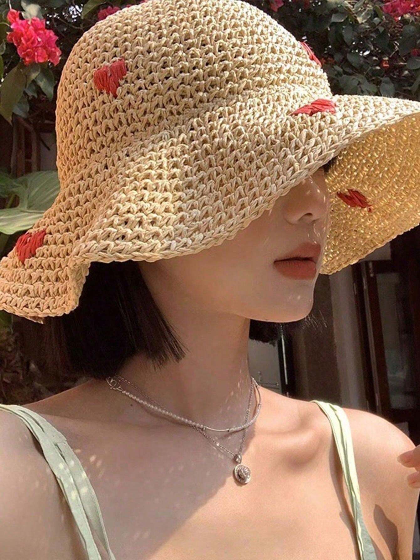 Heart-Shaped Straw Woven Fisherman Hat For Women, Japanese Style Cute ...